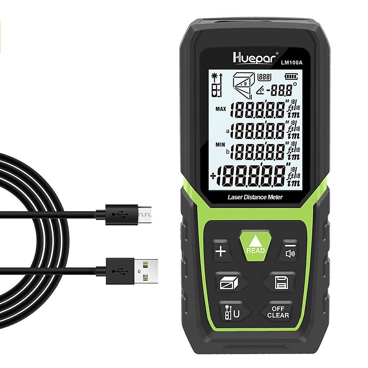 Huepar Laser Distance Measure 330Ft with Li-ion Battery & Electric Angle Sensor, Backlit LCD Laser Measure M/In/Ft with High Accuracy Multi-Measurement Modes, Pythagorean, Distance, Area&Volume-LM100A