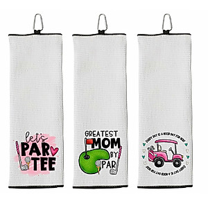 Set of 3 Golf Towels - Let's Par Tee - Greatest Mom by Par - Every Day Is a Good Day for Golf - Tri-fold 100% Microfiber Waffle Weave with Clip