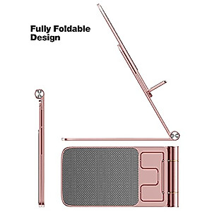 MEISO Cell Phone Stand, Fully Foldable Phone Holder for Desk, Desktop Mobile Phone Cradle Dock Compatible with iPhone, Samsung Galaxy, iPad Mini, Tablets Up to 10” (Rose Gold)