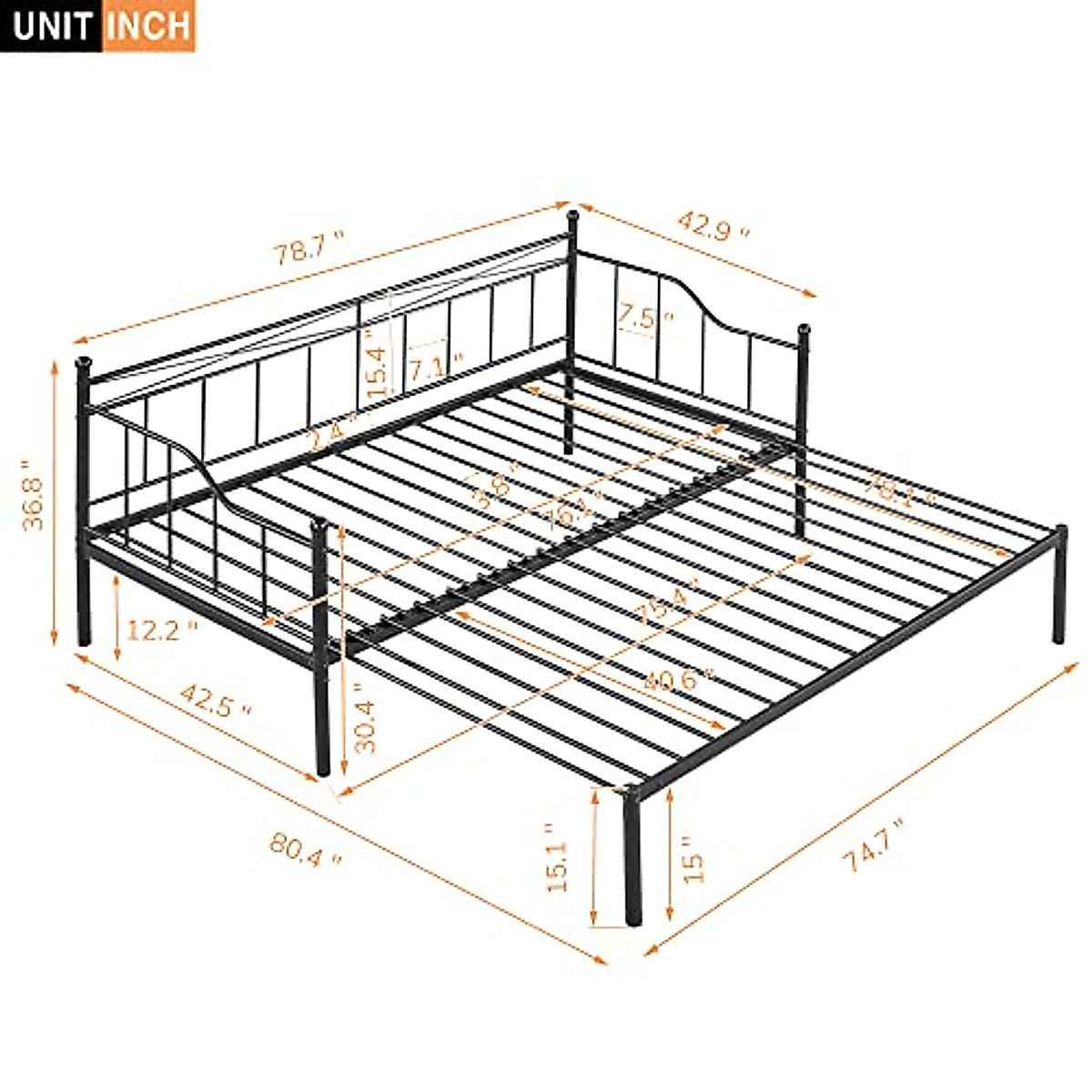 SOFTSEA Twin Size Metal Daybed with Trundle, Heavy Duty Daybed with Pop Up Trundle for Teens Adults Guests, Extendable Daybed Twin to King Size, No Box Spring Needed (Black)