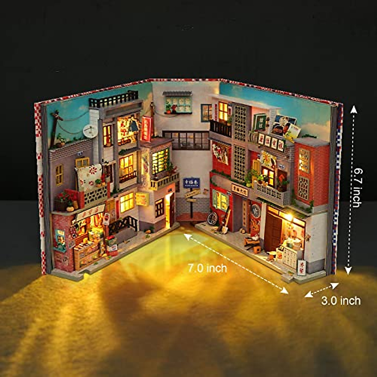 GuDoQi DIY Book Nook Kit, Dollhouse Wood Bookend, Booknook Bookshelf Insert, Miniature Dollhouse Kit, Bookends Model Build for Adult, Gift for Birthday, Chinese Past Street