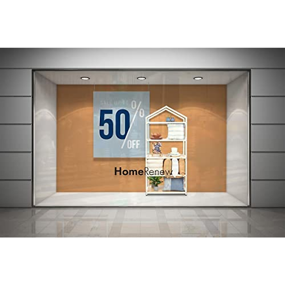 Displays2go 5-Tier Home or Retail Shelving Unit, Wrought Iron Frame, Open Back, Triangle Top Design - Ivory