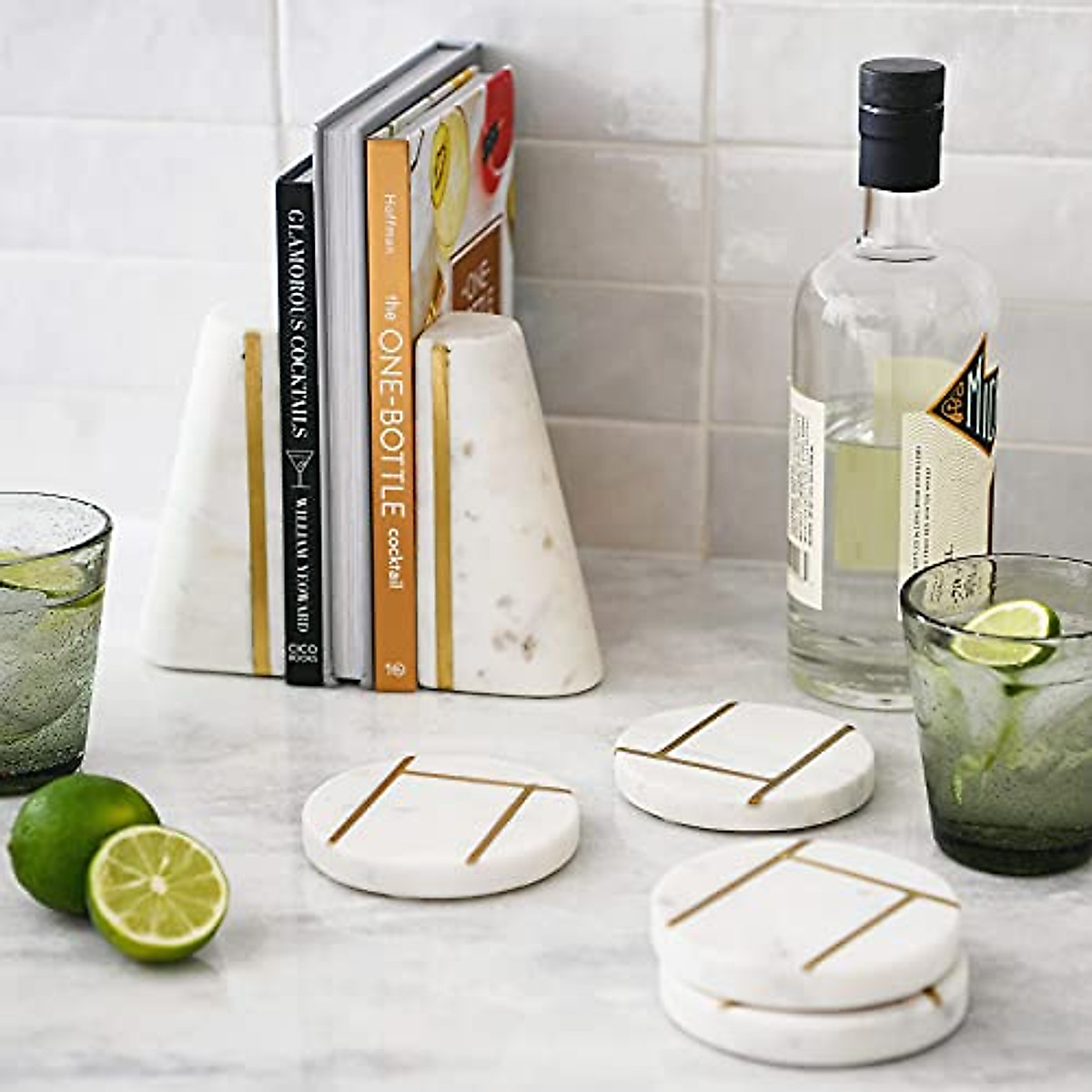 Main + Mesa Geometric Marble Bookends with Brass Inlay, White