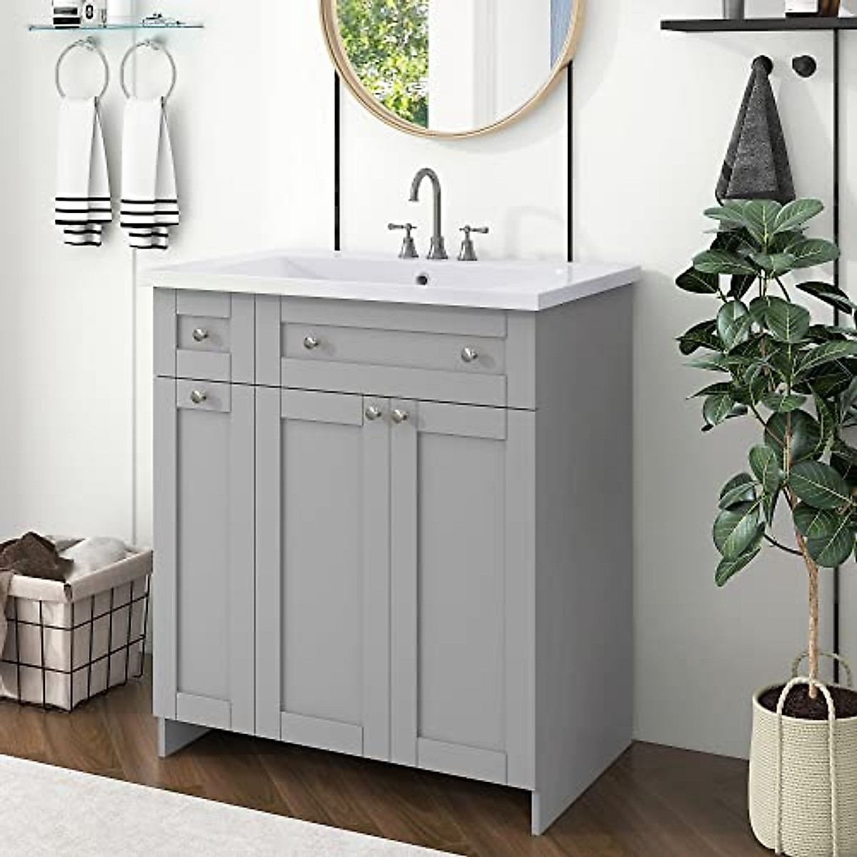 30 Inch Freestanding Bath Vanity in Grey with White Resin Top Modern Contemporary Painted Adjustable Shelving