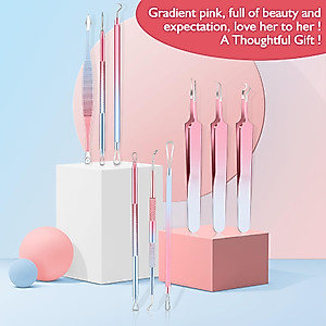 Kresecioo 9 PCS Blackhead Remover Tools, Pimple Popper Tool Kit, Acne Tools Extractor Kit Professional for Nose Face, Blemish Whitehead Zit Popping Tool with Portable Leather Bag(Pink)