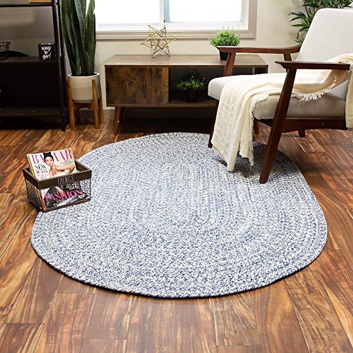 Super Area Rugs Farmhouse Braided Rug Cotton Kitchen Reversible Carpet, Blue & White, 4' X 6' Oval