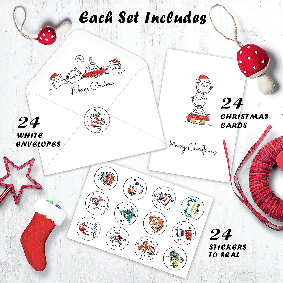 Christmas Cards - Pack of 24, 6 Assorted Designs Merry Christmas Cards with Envelopes - Bulk Greeting and New Years Cards - Perfect to Send Warm Holiday Wishes to Friends and Family - 4" x 6"