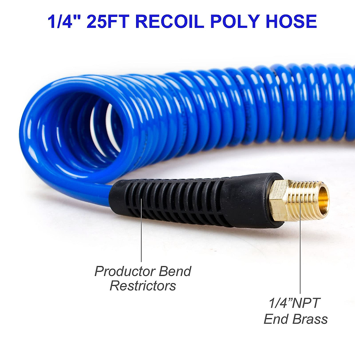 FYPower 16 Pieces Heavy Duty Air Compressor Accessory Kit, 1/4 inch 25ft Recoil Poly Air Compressor Hose Kit, 100PSI Tire Inflator Gauge, Blow Gun and Nozzles, 1/4" NPT Air Coupler and Plug Kit