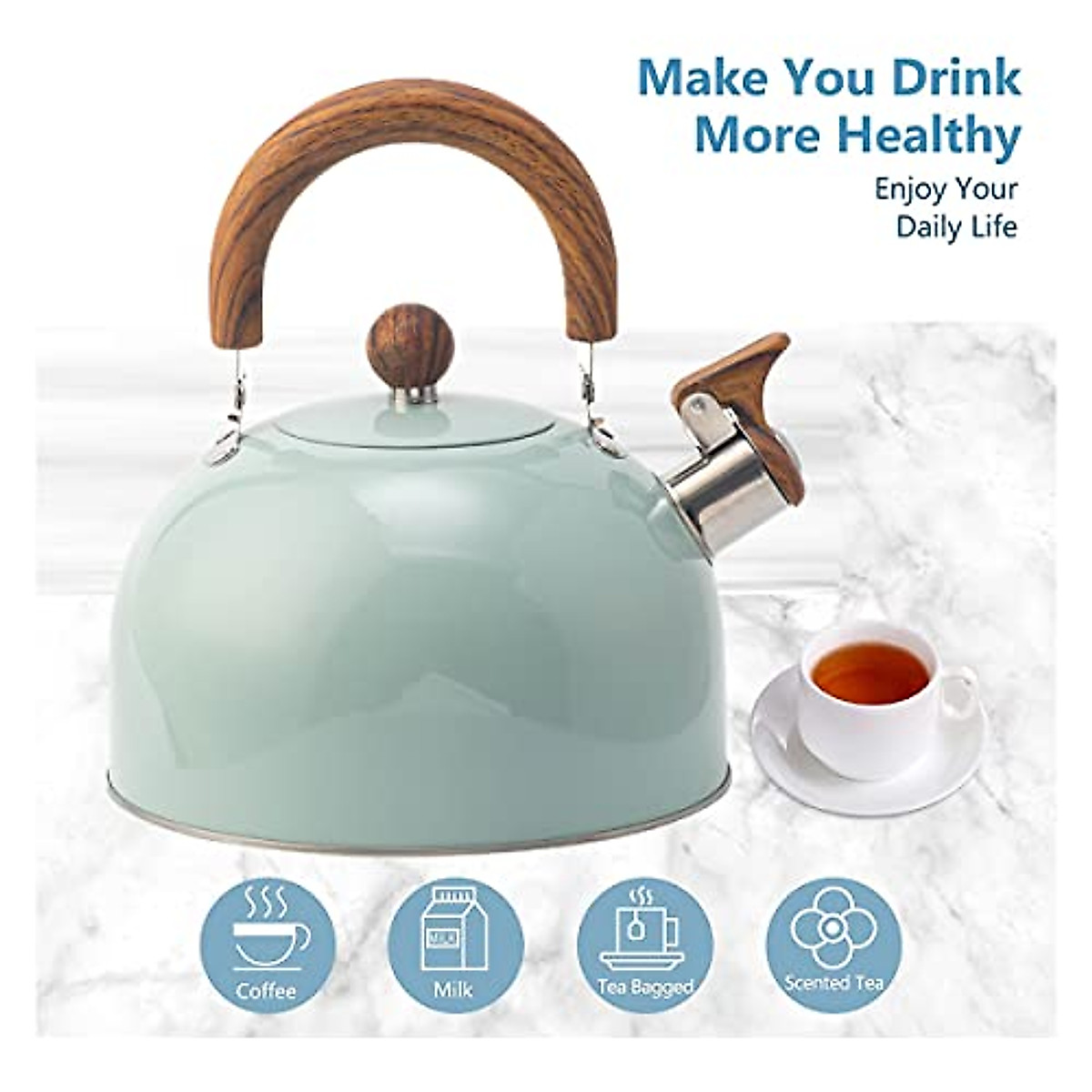 2.5L Tea Kettle, Toptier Teapot Whistling Kettle with Wood Pattern Handle Loud Whistle,Suitable for gas stove, induction hob, electric stove, ceramic and halogen stove▂19 * 21CM/7.5"*8.3"