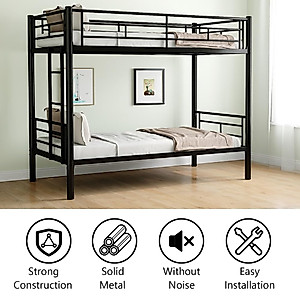 QSOSTNS Twin Over Twin Metal Bunk Bed for Juniors, Industrial Twin Bunk Beds Frame with Ladder & Full-Length Guardrail, Space-Saving, Easy Climbing & Assemble (Black)