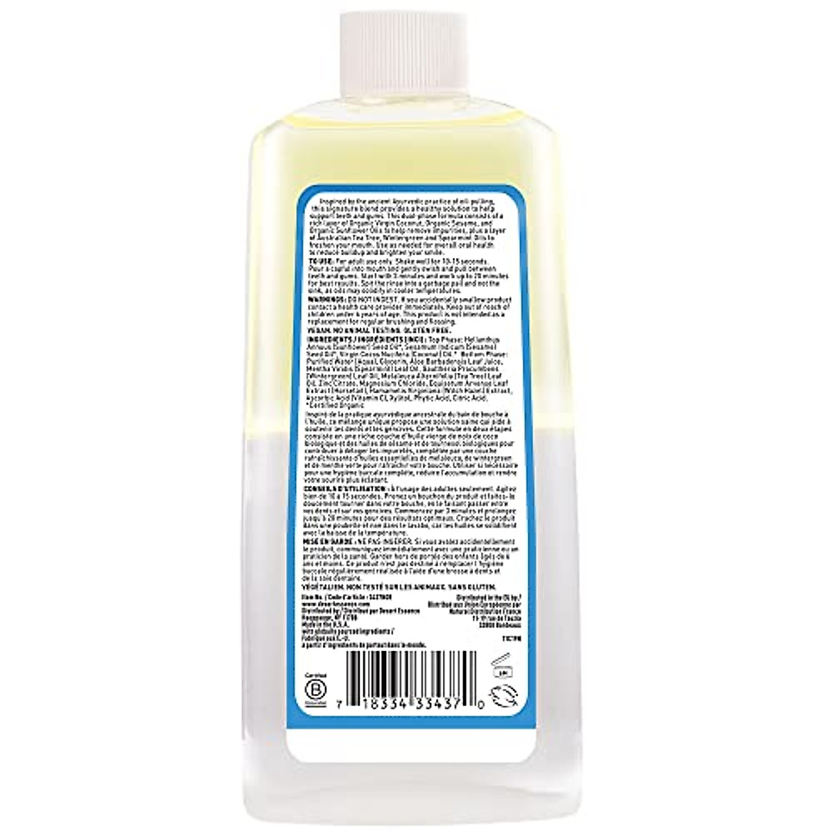 Desert Essence Coconut Oil Dual Phase Pulling Rinse, Mint, 8 fl oz - Alcohol Free, Sugar Free, Gluten Free, Vegan, Non-GMO - Organic Virgin Coconut Oil, Sesame Oil, Sunflower Oil & Tea Tree Oil