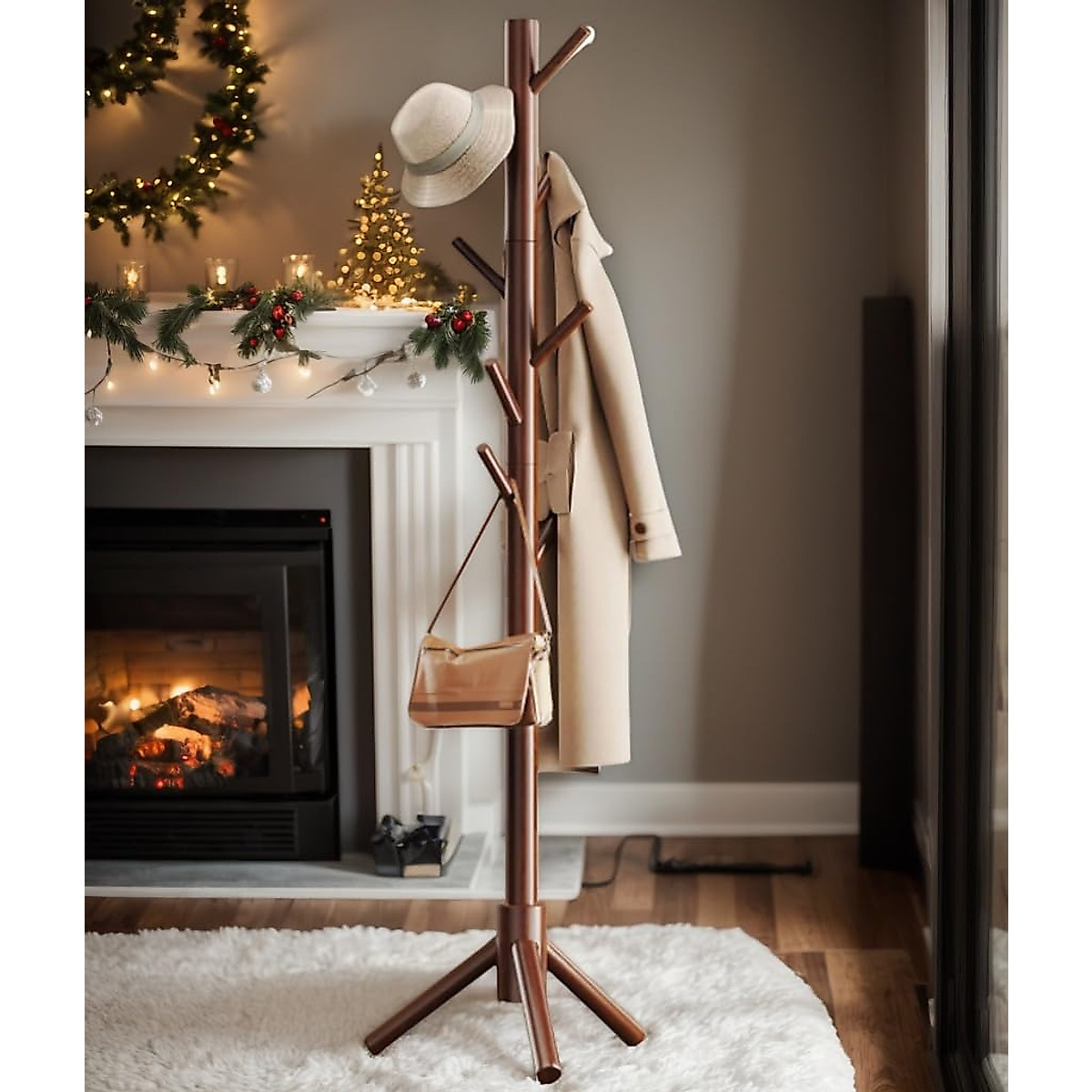 Pipishell Coat Rack, Wooden Coat Rack Stand with 3 Height Options and 8 Hooks, Sturdy Freestanding Coat Rack for Clothes/Bags/Hats, Coat Rack for Home/Office/Entryway/Hallway, PIWCR01, Brown
