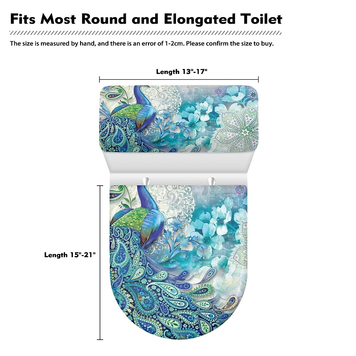 GLENLCWE Peacock Toilet Tank Lid Cover Replacement with Elastic Bottom,Soft Polyester Toilet Covers 2 Pcs Set Universal Fit