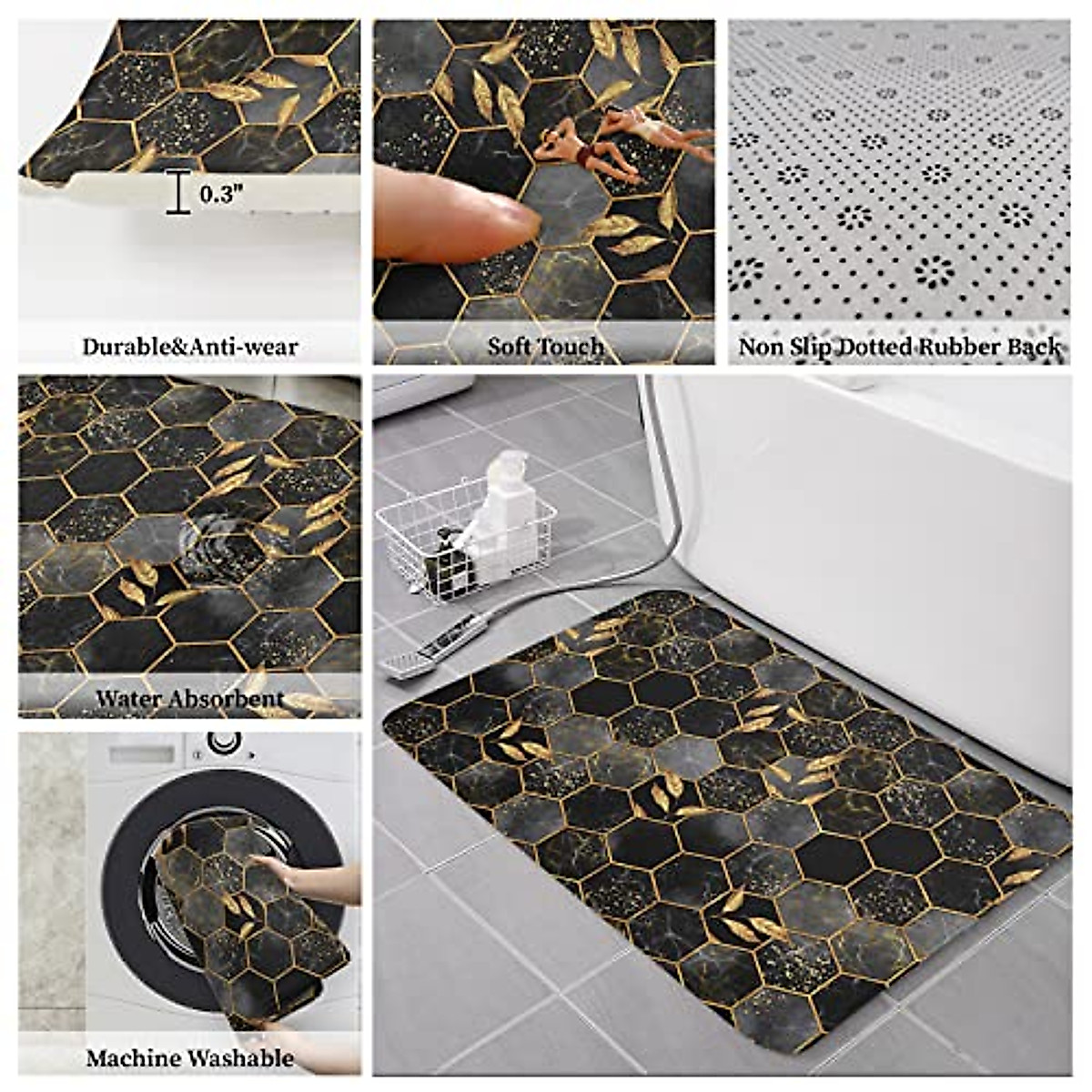 Marble 2 PCS Cushioned Antifatigue Kitchen Mats and Rugs,Black Gold Grey Grid Irregular Comb Plaid Geometric Floor Bath Door Mat Doormat Accent Runner Carpet Washable Comfort Standing Mat 18,48