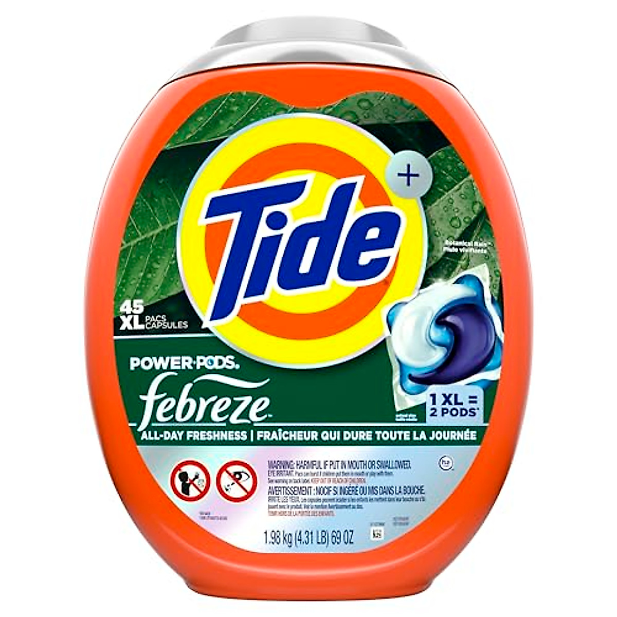 Tide Power Pods Laundry Detergent Pacs with Febreze Freshness with Odor Eliminators, Botanical Rain Scent, 45 Count