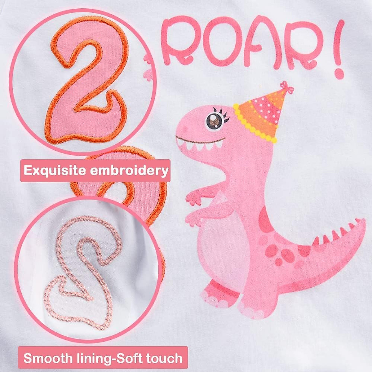 AMZTM Girl 2nd Birthday T-Shirt Dinosaur Party B-Day Themed Tee Toddler Gift(White, 3T)