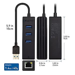 Cable Matters 4-in-1 USB Hub with Ethernet, Support Gigabit Ethernet (USB 3.0 Hub Ethernet, USB to Ethernet Adapter, Gigabit Ethernet USB Hub, USB Ethernet Hub) with 10/100/1000Mbps Network in Black