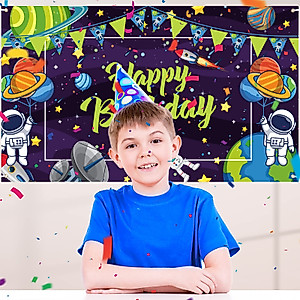 Space Birthday Decorations Banner Outer Space Happy Birthday Banner Backdrop, Astronaut Rocket Space Birthday Banner Space Themed Party Decorations Supplies for Boys Girls Kids 72.8x43.3 Inch