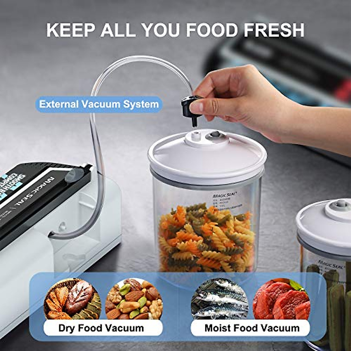 Magic Seal MS175 Vacuum Sealer Machine for Food Preservation, Nozzle Type, Compatible with Smooth Flat Bags or Mylar Bags, Extra-Wide Bar, Adjustable Vacuum and Sealing Time, Automatic and Manual Mode