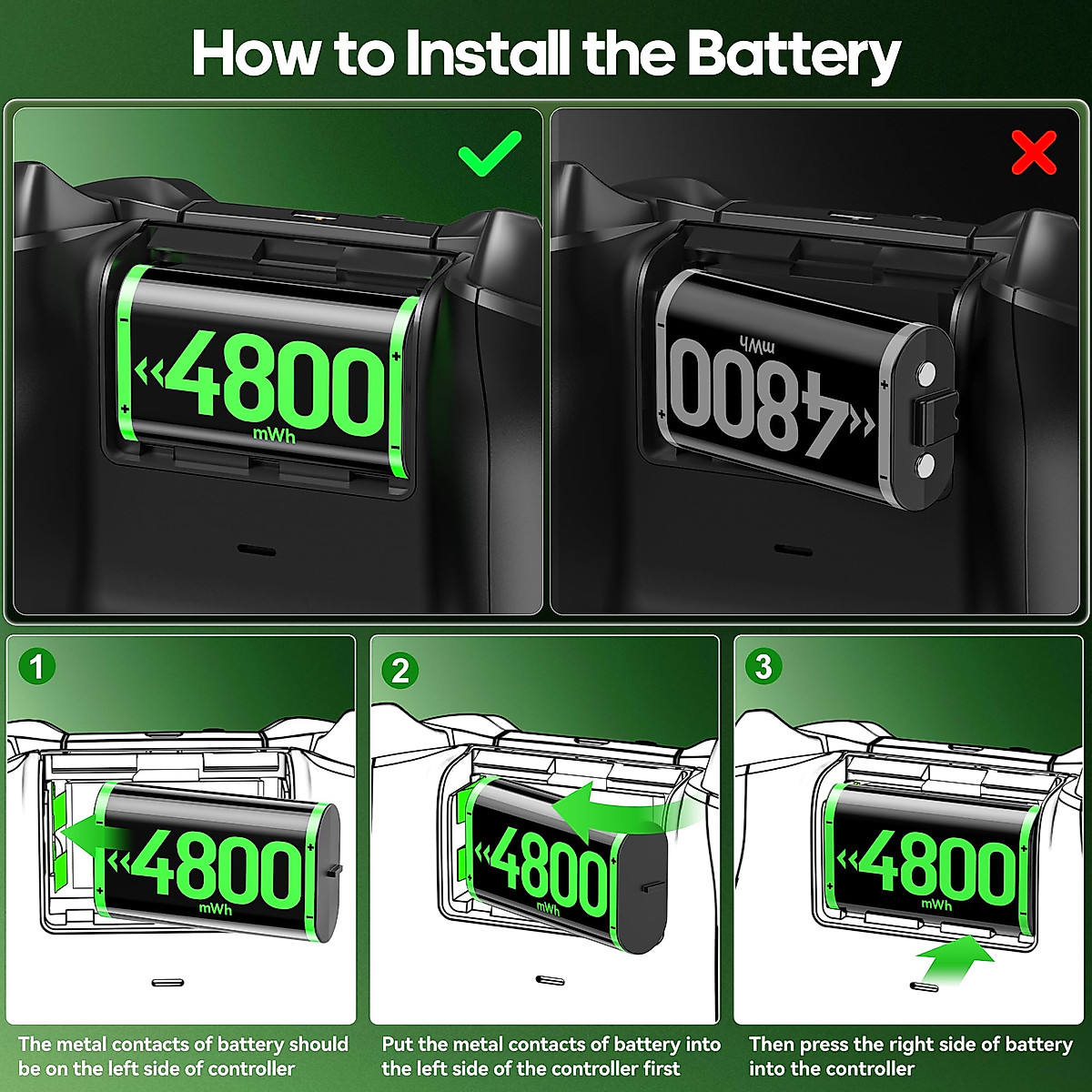 Rysker Charger with 4x4800mWh Rechargeable Battery Pack for Xbox One/Series X|S, Xbox One Series Controller Batteries Pack with Charging Station for XboxOne/S/X/Elite Controllers