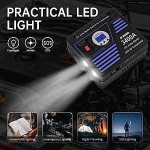 3400A Car Jump Starter with Air Compressor, 150PSI Tire Inflator with Digital Screen Pressure Gauge, 24000mAh 12V Auto Battery Booster (10.0L Gas/ 9.0LDiesel Engine), 2 USB Port 2 Light