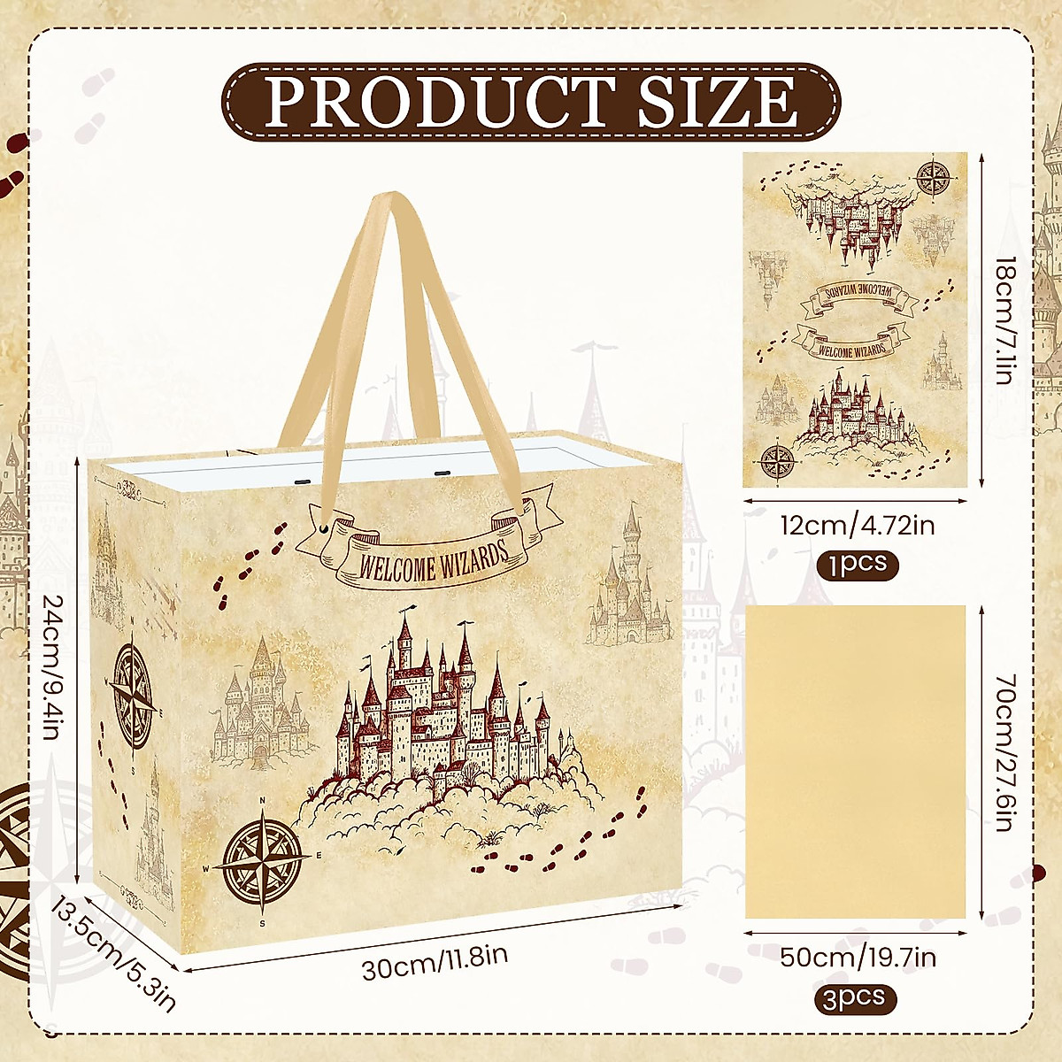 Magical Wizard Gift Bags Wizard School Party Favors Bag with Tissue Paper and Card Welcome Wizard Castle Goodie Kraft Bags Wrapping Paper for Kids Boy Girl Birthday Christmas Wizard Party Decorations