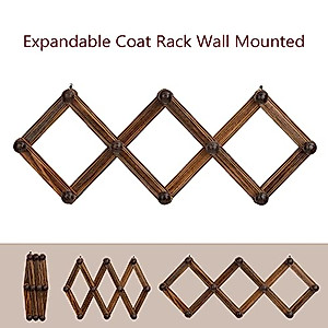 TRSPCWR 2 Pack Accordion Wall Hanger, Expandable Coat Rack Wall Mounted, Solid Wooden Wall Hat Rack, Wood Hat Hanger for Hanging Coat, Hats, Caps, Mugs, 10 Peg, Brown