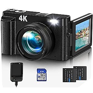 Digital Camera 4K 60FPS Auto Focus 48MP Vlogging Video Camera 16X Digital Zoom Camera with 180°Flip Screen Compact Camera for YouTube 32GB Memory Card