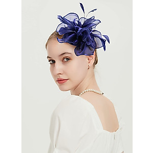 QDC Fascinators Hat Tea Party Derby Headwear Wedding Cocktail Hair Clip Bowler Feather Flower for Girls and Women Darkblue