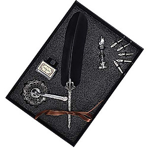 Zerodis Feather Pen, Feather Calligraphy Pen Quill Pen Set Student Writing Ink Stationery Romantic Valentine(black)