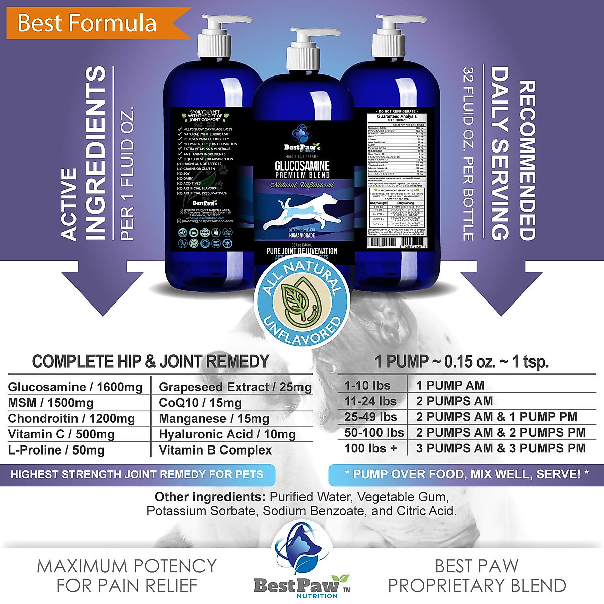 Best Paw Nutrition - Unflavored Liquid Glucosamine for Dogs & Cats - Chondroitin, MSM, Hyaluronic Acid - Dog Arthritis Home Remedy - Joint Supplement for Hip & Joint Pain Relief Pets Love - 32oz