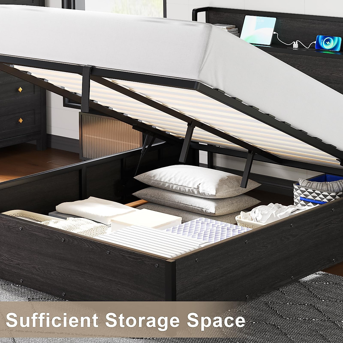 Amerlife Queen Size Lift Up Storage Bed Frame, Wooden Platform Bed Frame with Lifting Storage & Charging Station, No Spring Box Needed/Noise Free, Black