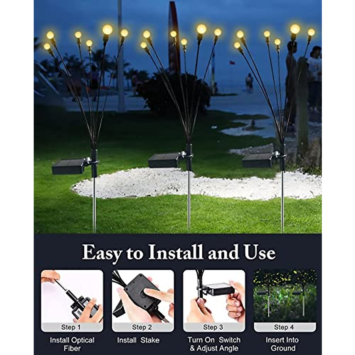 MOTEERLLU 4 Pack 10 LED Solar Powered Firefly Lights,Outdoor Waterproof Decorative String Lights,Starburst Swaying Garden Lights for Path Landscape,Swaying When Wind Blows (4 PC,Warm White)