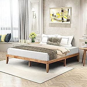 wonline Wood Platform Bed Frame Solid Wood Foundation No Box Spring Needed Wooden Slat Support Oak Wood Natural Finish Home Bedroom Furniture Platform Base