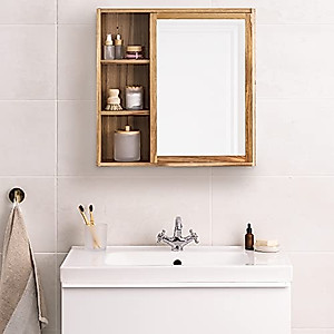 Navaris Wooden Bathroom Cabinet - Acacia Wood Cupboard with Mirror & Shelves - Wall Mounted Storage Unit for Bath Room or Restroom - 23.8"x23.6"x5.5"