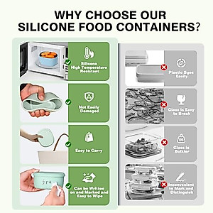 mwellewm 6 Pcs Silicone Food Storage Containers with Lids, Nesting Silicone Snack Box Containers Set Reusable Airtight Dishwasher and Freezer Safe Carry(6.7oz, 10oz, 20oz) - Green and Blue