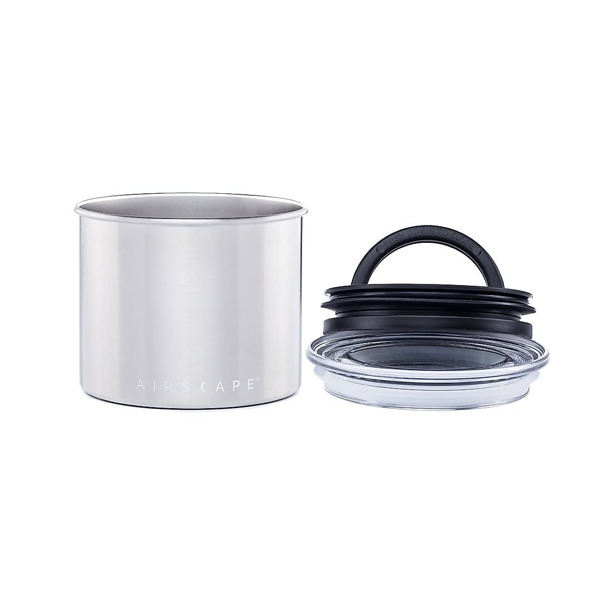 Planetary Design Airscape Stainless Steel Coffee Canister | Food Storage Container | Patented Airtight Lid | Push Out Excess Air Preserve Food Freshness (Small, Brushed Steel)