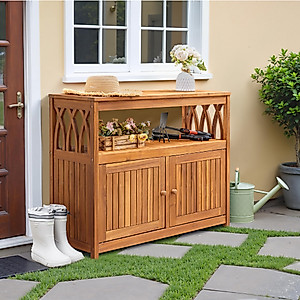 Devoko Outdoor Storage Cabinet,Weatherproof Outdoor Cabinet Acacia Wood Patio Cabinet with 2 Magnetic Doors and Shelve for Outdoor Storage,Outdoor Buffet Cabinet, TV Stand, Potting Table (Brown)