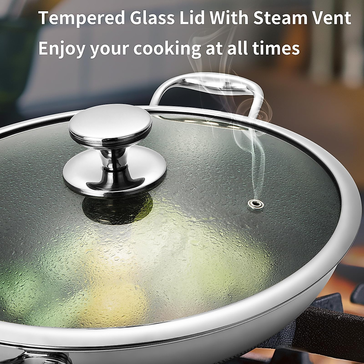 Nonstick Wok 12 Inch with Tempered Glass Lid, Stir-Fry Pan with Stay-Cool Handle & Solid Turner & Soup Ladle, Dishwasher and Oven Safe, Induction Ready, Suitable for All Stoves