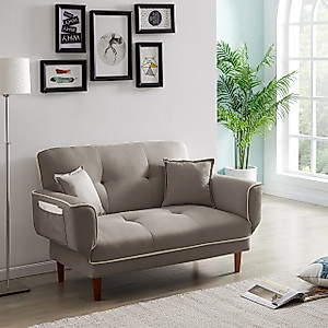 Lepfun Convertible Bed 2 Pillows, Loveseat Sleeper Futon, Recliner Couch with Adjustable Armrest and Wood Legs,Living Room Sofa with Backrest for Small Space(Light Grey)