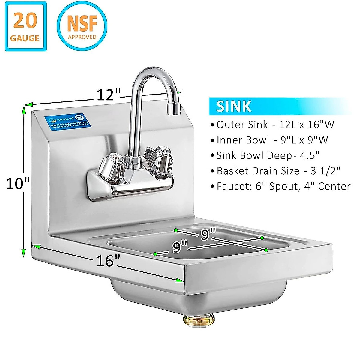 Commercial Wall Mount Wash Basin Hand Sink 16"x12"