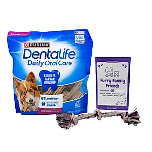 Purina DentaLife Daily Oral Care Chews Dental Dog Treats - Small/Medium Snacks for Pups 20-40 Lbs (25 Count) - Plus Rope Toy and Fun Animal Facts Booklet Bundle