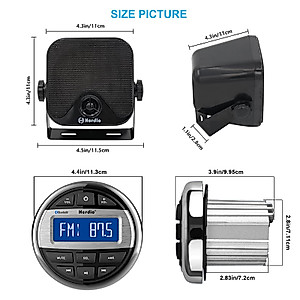 Herdio Marine Radio Package- IPX6 Receiver Compatible with Bluetooth, 1 Pair 4 Inch Marine Speakers, AM FM Antenna for Boat ATV UTV (Black)