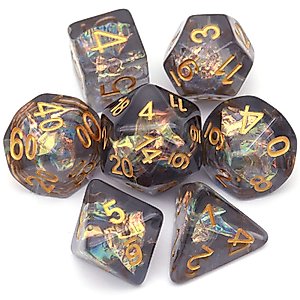 Haxtec Black DND Dice Set 7PCS Filled Resin Polyhedral D&D Dice W/Iridescent Mylar Inclusion Role Playing Dice Dungeons and Dragons Gift