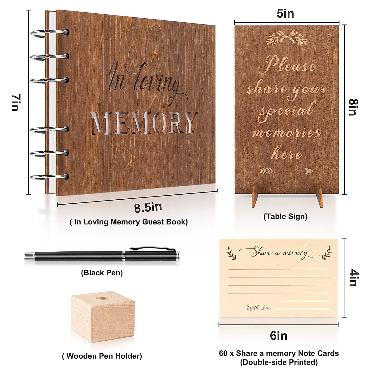 Creawoo Wooden Funeral Guest Book for Memorial Service Celebration of Life Decorations, Hardcover In Loving Memory Guestbook Set with White Pages, Included Share a Memory Cards, Table Sign, Pen (8.5")