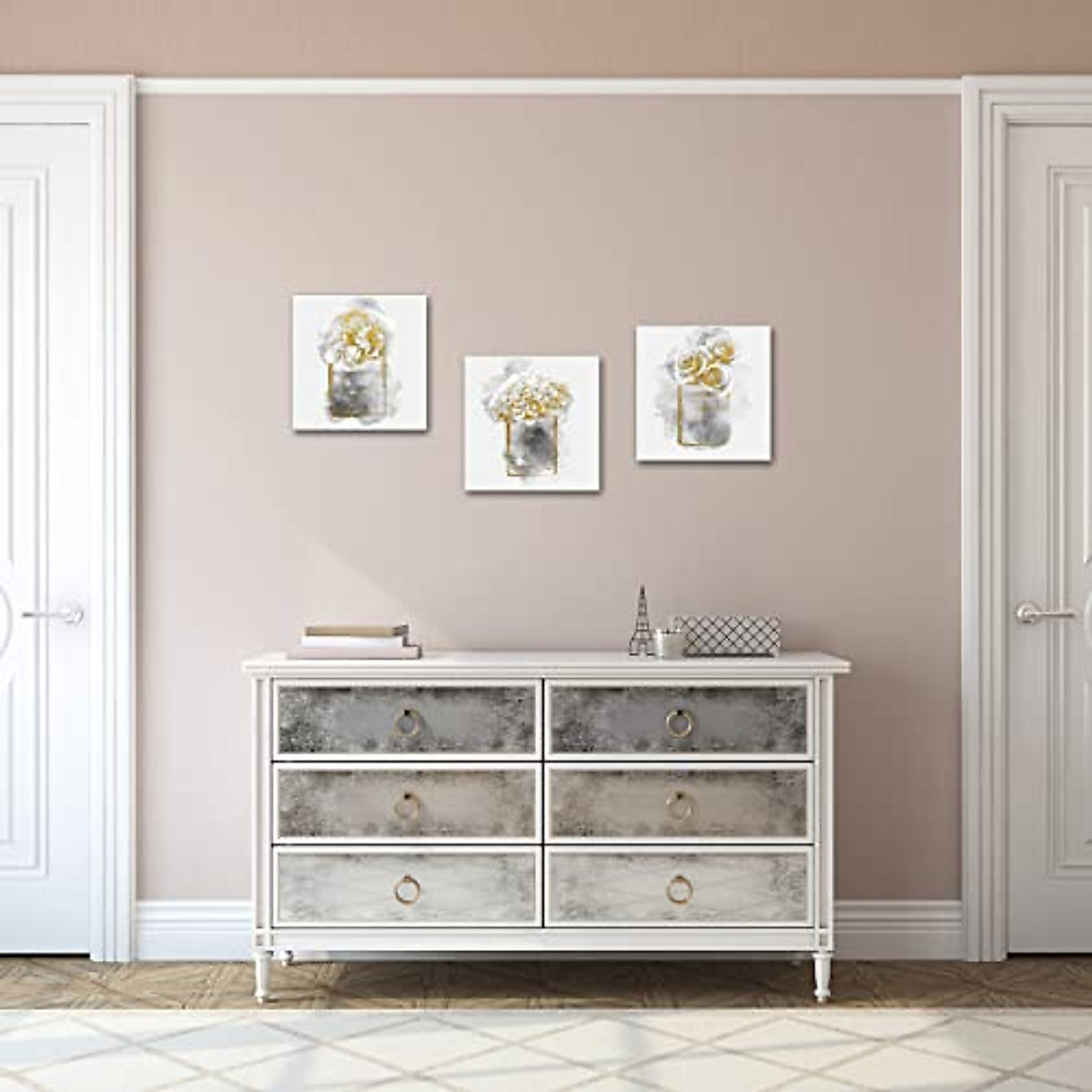 HOMEOART Gold Grey Flower Bathroom Decor Picture Perfume Bottle with Flower Fashion Canvas Wall Art Framed Ready to Hang 12x12inchx3Pieces