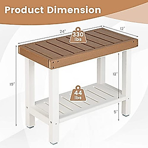 Giantex Shower Bench Stool Waterproof - HDPE Shower Seat with Storage Shelf for Shaving Legs, Non-Slip Foot Pads, Spa Bath Step Foot Rest for Bathroom Entryway Indoor Outdoor (Brown & White)