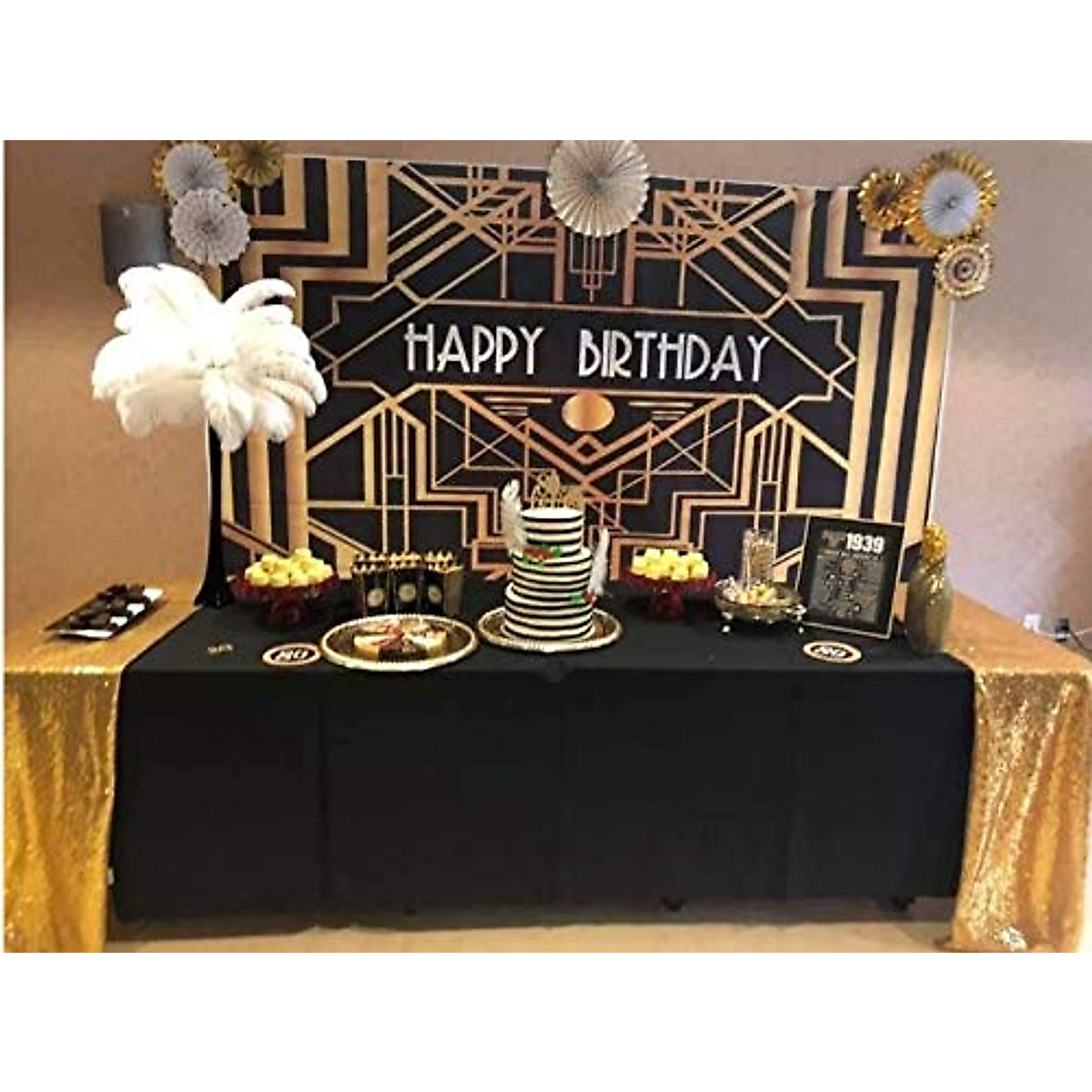 Happy Birthday Backdrop for Gatsby Birthday Party Decorations FHZON 10x7ft The Great Gatsby Photography Background Black Gold Golden Banner Party Themed Wallpaper Video Studio Shoot Props LXFH566