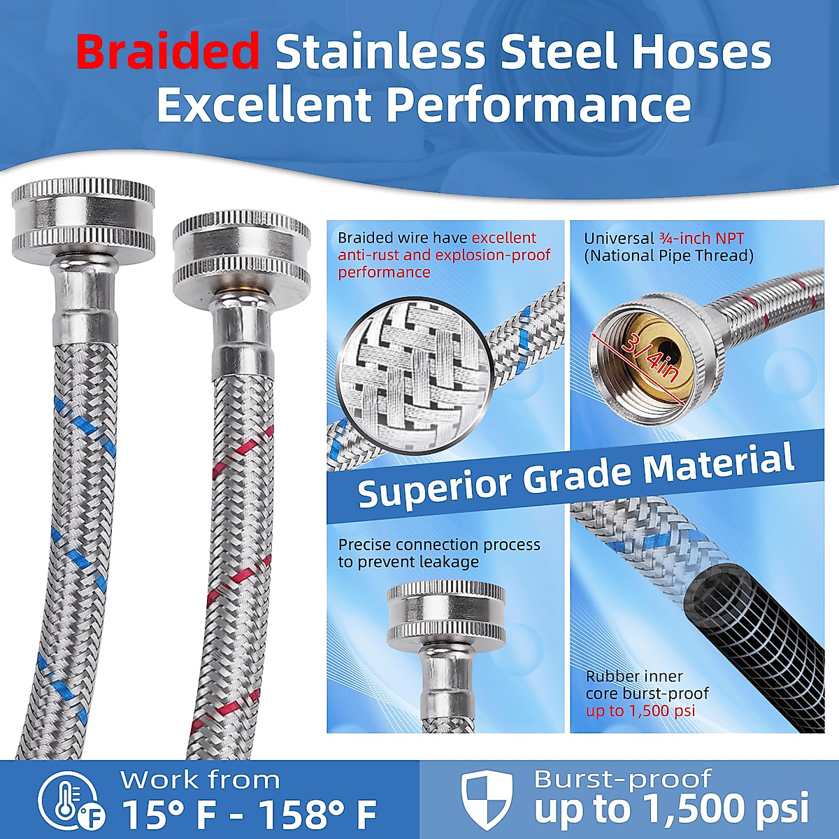 6FT Stainless Steel Washing Machine Hoses 3/4" NPT Connection Red and Blue Braid Water Supply Lines by Fetechmate Hot and Cold Premium Washer Hoses (2 Pack) - 10 YEAR WARRANTY