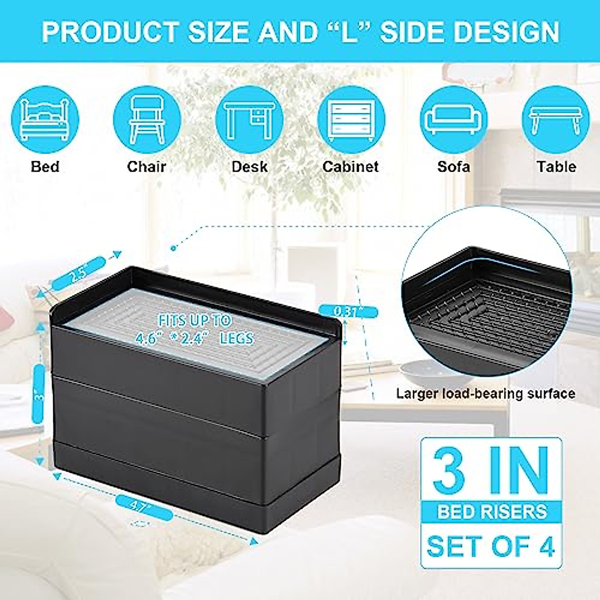 LUCKYQTQH Bed Risers Adjustable Furniture Risers Heavy Duty，Rectangle Bed Risers 3 Inches，Desk Risers for Sofa Couch Bed Frame ，Supports Up to 3000 lbs (4 Piece Set)